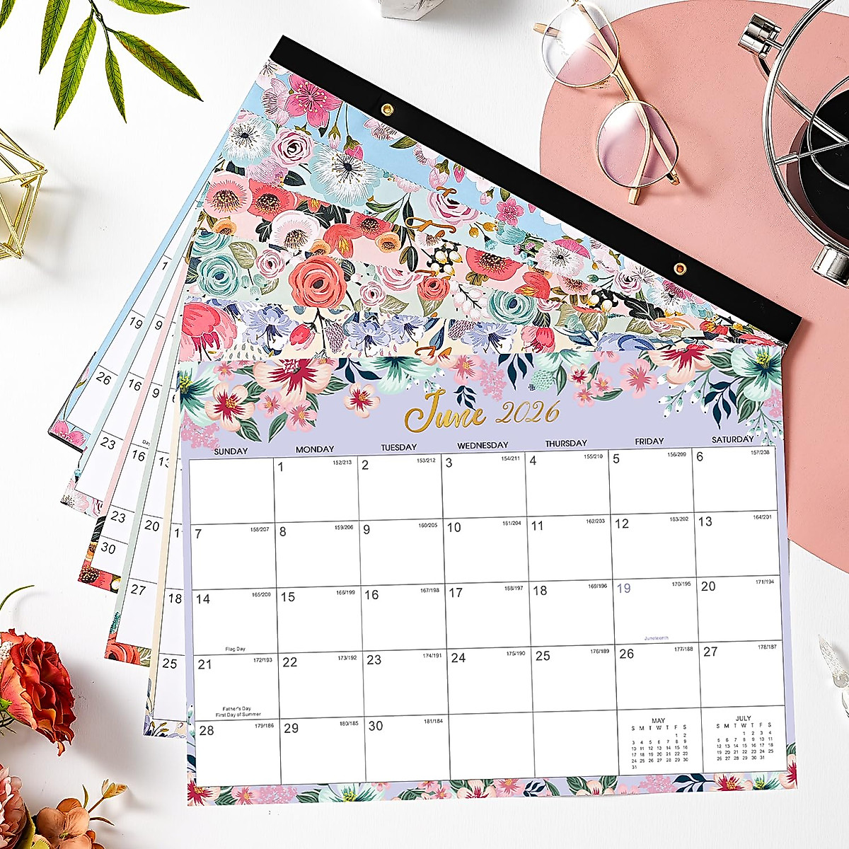 2023-2024 Desk Calendar - 18 Monthly Desk/Wall Calendar 2023-2024 2-in-1,16.8" x 12", Jan 2023 - Jun 2024, Thick Paper with Corner Protectors, Large Ruled Blocks - Floral