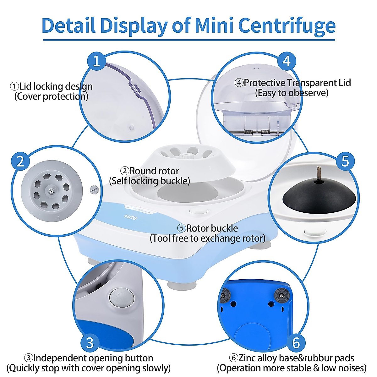 +UXI Mini Centrifuge Machine 4000rpm Scientific Lab Benchtop Microcentrifuge with 2 Rotors for 2ml/1.5ml/0.5ml/0.4ml/0.2ml centrifuge Tubes 110V Low Noise——Not for Blood Collection Tubes