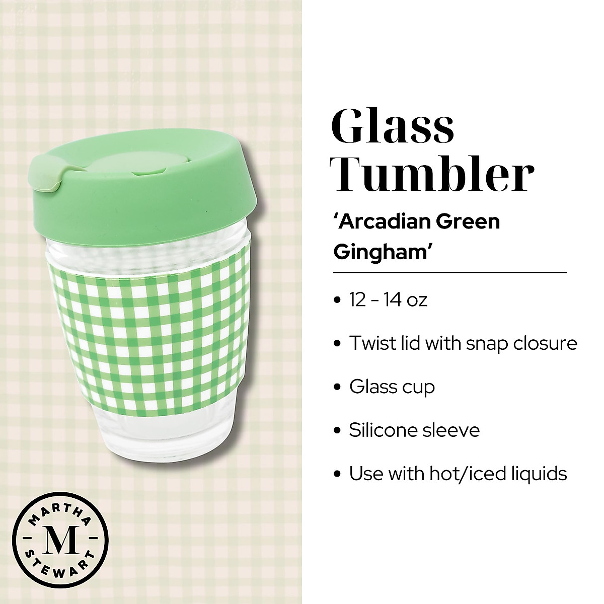 Martha Stewart Glass Tumbler, 12 Ounce Travel Coffee Mug with Splashproof Lid & Green Gingham Silicone Sleeve, Hot or Cold Beverages, Arcadian Green Gingham