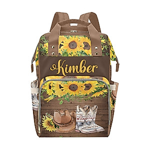 Sunflower Wood Cowboy Hat Boot Personalized Diaper Backpack with Name,Custom Travel DayPack for Nappy Mommy Nursing Baby Bag One Size