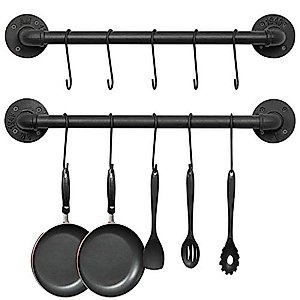 OROPY Wall Mounted Pot Pan Rack 21'' Set of 2, Industrial Utensils Wall Hanger Iron Pipe Kitchen Hanging Rail with 10 S Hooks
