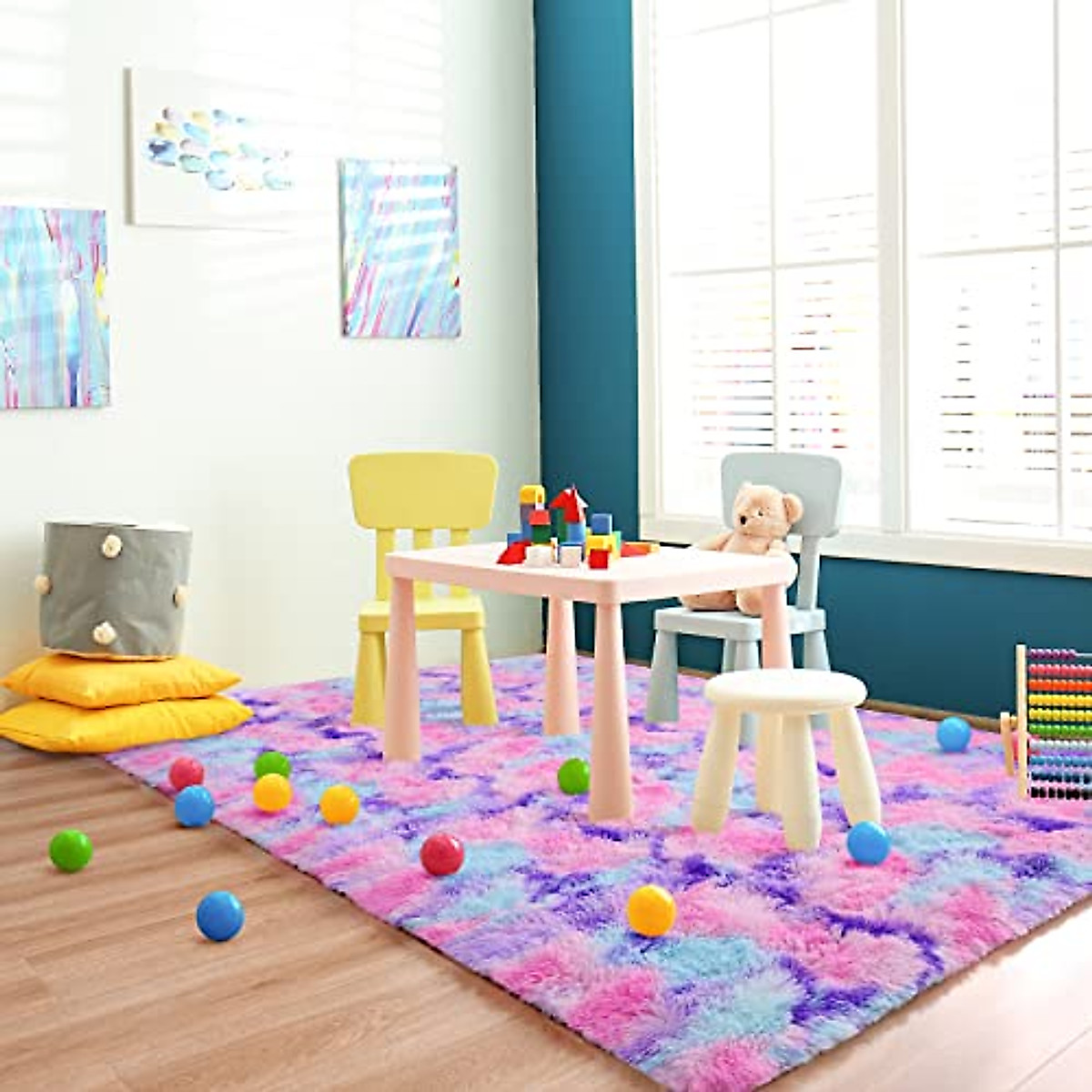 HOMORE Soft Fluffy Rug for Bedroom, Tie Dye Rugs for Living Room, Non Slip Shaggy Plush Carpet for Kids Nursery Toddler, 4x6 Feet Area Rugs for Room Floor, Hot Pink