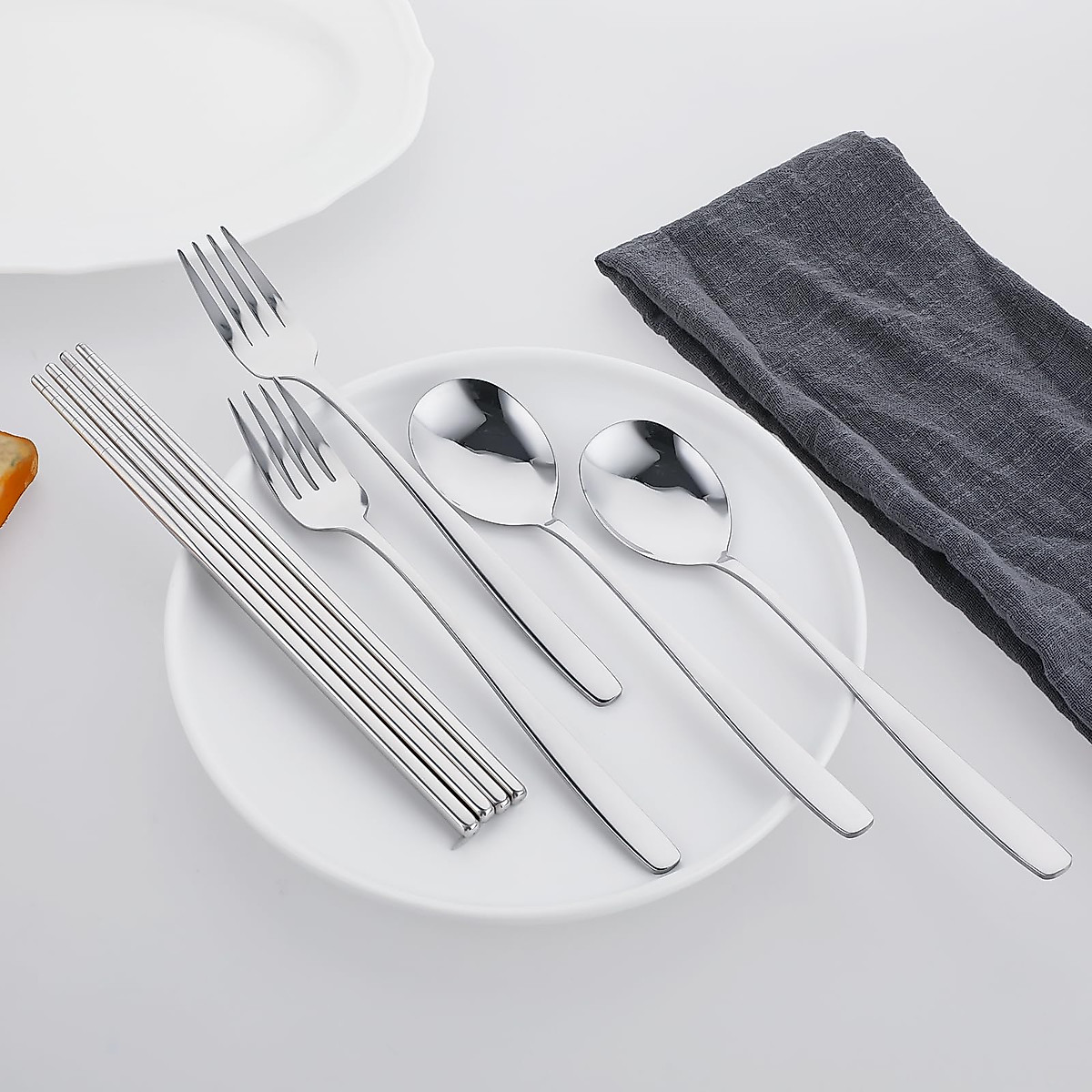 2 Pack Reusable Flatware Sets Fork, Spoon, Chopsticks, 6Pcs Travel Utensils Portable Camp Reusable Flatware Silver Reusable Flatware