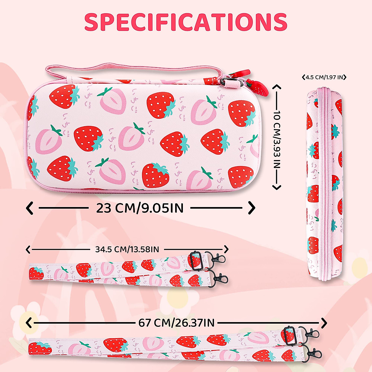FANPL Case for Nintendo Switch Lite, Cute Pink Strawberry Carrying Case Bundle for Switch Lite Accessories with Soft TPU cover, Adjustable Strap, Screen Protector, Thumb Grip Caps
