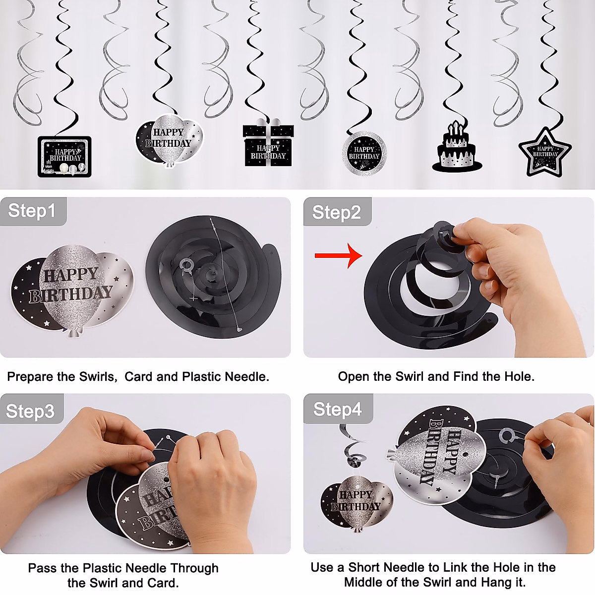 Birthday Decorations Black and White for Men Women, 74Pcs Happy Birthday Balloons Set for Boys Girls with Bday Tablecloth Fringe Curtains Swirls for 16th 18th 21st 30th 35th 40th 45th 50th 60th 70th