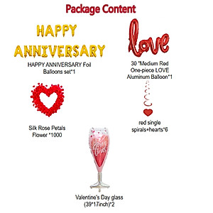 Anniversary Decorations Valentines Day Decorations Valentines Day Balloons with Happy Anniversary Banner Heart Balloons Heart Hanging String Rose Petals for Valentines Romantic Decorations