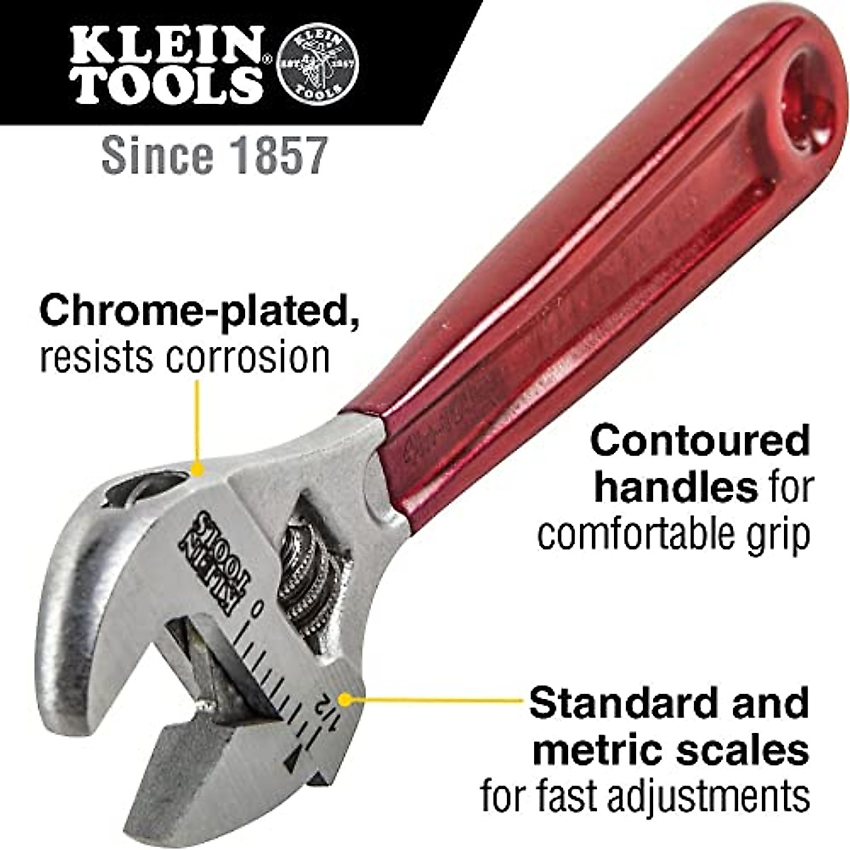 Klein Tools D506-4 Adjustable Drive Wrench, Forged with High Polish Chrome Finish and a plastic dipped handle, 4-Inch
