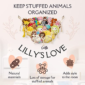Lilly's Love Macrame Stuffed Animal Hammock, for Flat Walls Not Corners | Comes w/String Lights, Boho Style Rope Net | 2 Ring Flat Mounting Storage | Organize The Plushie Chaos (White)