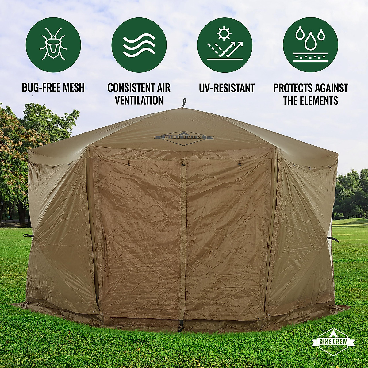 Hike Crew 12’x12’ Pop-Up Gazebo Screen Tent | 6-Sided Outdoor Canopy Shelter w/Built-in Zippered Wind Panels, Built-in Awning, Stakes, Ropes & Carry Bag for Camping & Sports | UV Resistant SPF 50+