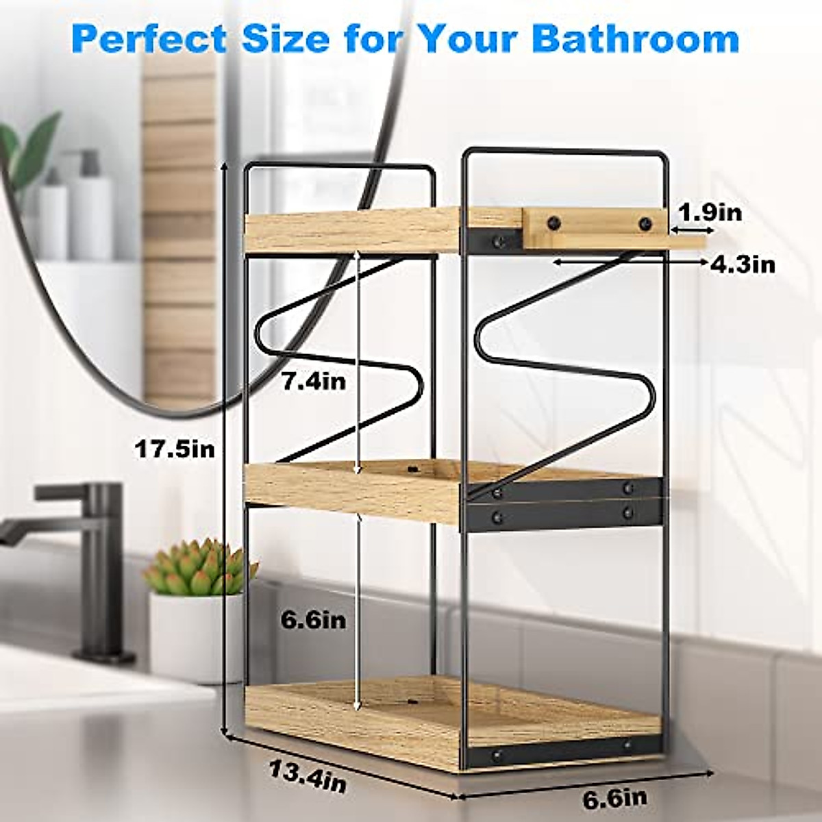 Nidouillet 3 Tier Bathroom Counter Organizer, Wood Countertop Organizer Standing Shelf Skincare Vanity Organizer Cosmetic Holder with Sink Tray Comb Storage for Kitchen Coffee Station Bedroom Brown