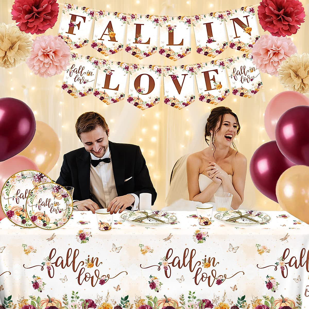 Fall in Love Party Decorations Fall Floral Pumpkin Decoration Set Includes Fall Tablecloths, Fall in Love Dinner Plate Boho Balloons Perfect for Bridal Shower Anniversary Engagement Party Decorations