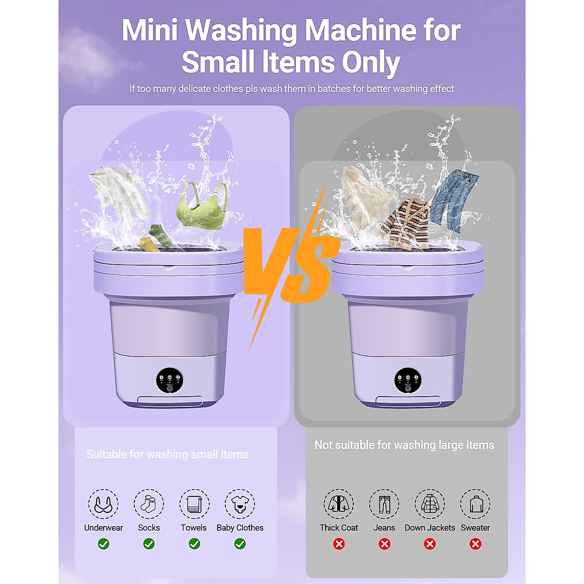 Portable Washing Machine, 11L Upgraded Large Capacity Mini Washer, Small Washing Machine for Apartments, Travel Laundry, Camping, RV, Dorm (Purple)
