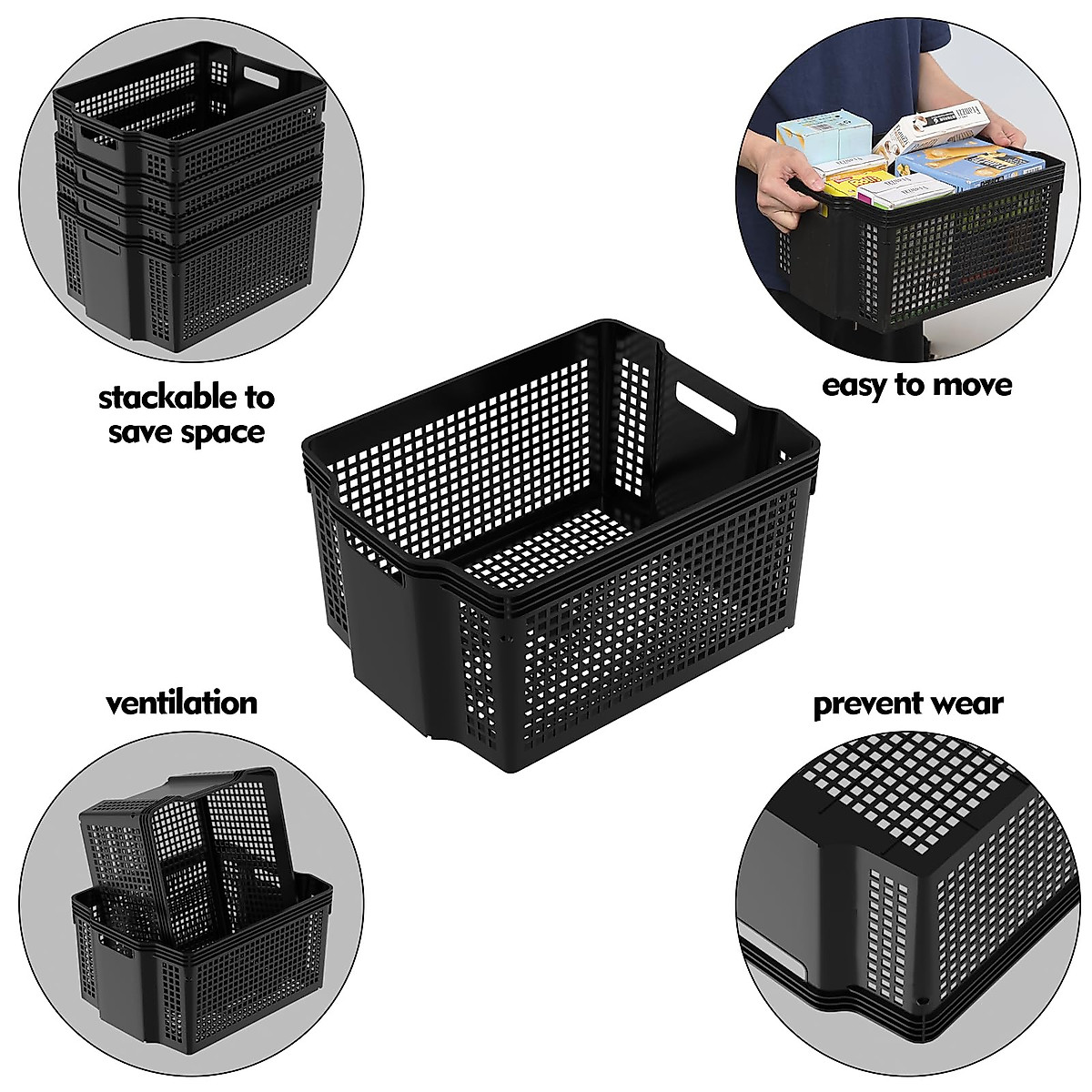 Bringer 12-Pack Large Plastic Organizer Baskets, Stacking Plastic Storage Basket, Black
