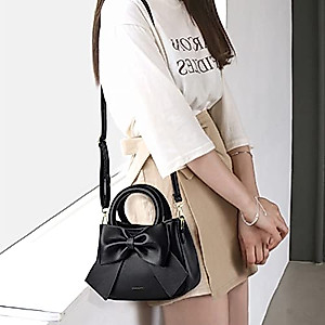 CHERUTY Designer Leather Handbags and Purses for Women with Top Carry Handle and Cute Bow Knot, Small and Elegant Satchel bags and Over-Shoulder Strap(Black)