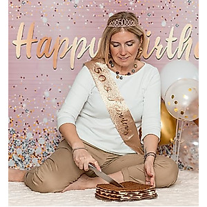Semato 50th Birthday Decorations 50th Birthday Tiara Sash Kit- 50th Birthday Gifts for Women 50th Birthday Party Decorations (rose gold)