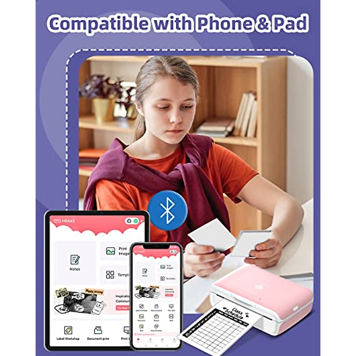 Phomemo M04S Portable Printer- Bluetooth Inkless Thermal Sticker Printer with White Self-Adhesive Thermal Paper for Phomemo M04S/M04S Bluetooth Thermal Printer, Black on White, 110mm x 3.5m, 3-Rolls