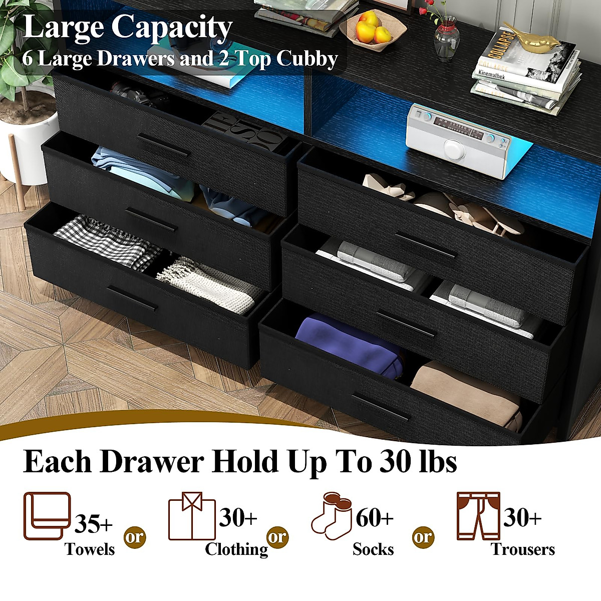 Loomie 6 Drawers Dresser with Power Outlets and LED Lights, Black Dresser with 2 Top Cubby, Tall Wide Fabric Double Chest of Drawers,Modern Dresser Tv Stand for up to 60" TV for Bedroom, Living Room