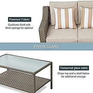 SOLAURA Patio Furniture Set Outdoor Conversation Set All Weather Wicker Furniture 4 Pieces Sectional Sofa Set with Tempered Glass Coffee Table-Gray