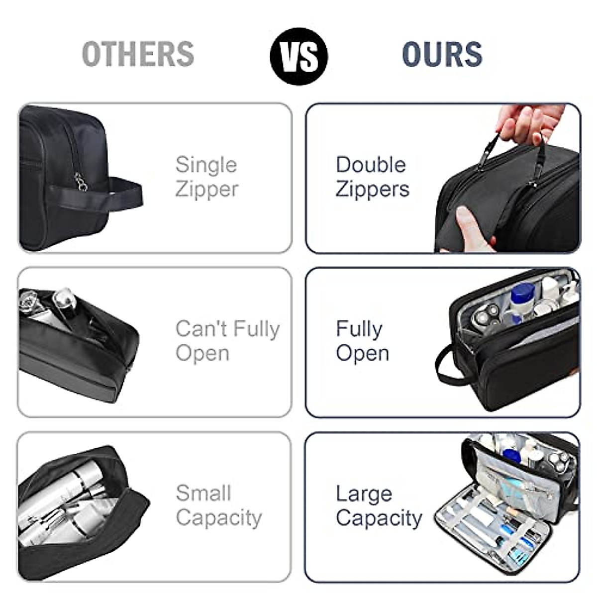 Plus tard Toiletry Bag for Men with Full Open Design, Large Water-resistant Travel Dopp Kit Shaving Bag for Toiletries Cosmetics Accessories, Black