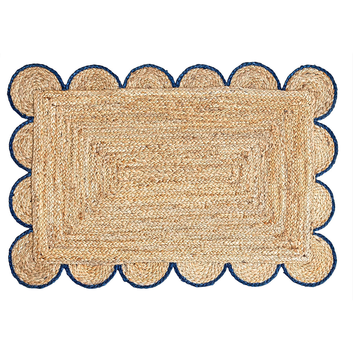 Weaving Village Scalloped Natural Jute Area Rug, Navy Trim, 2x3