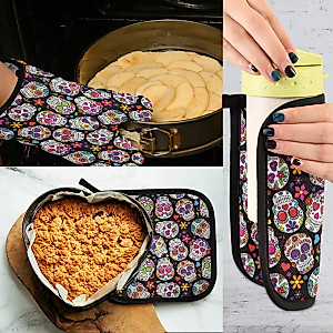 Halloween Skull Oven Mitts and Pot Holders Set Heat Resistant,Funny Bone Skeleton Non-Slip Gloves for BBQ, Grill, Baking, Cooking, Oven, Microwave