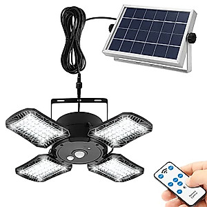 Solar Pendant Light Outdoor/Indoor, 128 LED 1000LM Solar Shed Light 4-Leaf 120° Adjustable Motion Sensor Solar Light with Remote, IP65 Waterproof Solar Security Light for Garage Garden Gazebo Porch