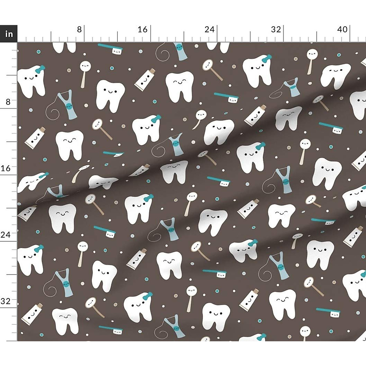 Spoonflower Fabric - Happy Teeth Large Brown Teal Dental Dentist Tooth Toothpaste Printed on Petal Signature Cotton Fabric by The Yard - Sewing Quilting Apparel Crafts Decor