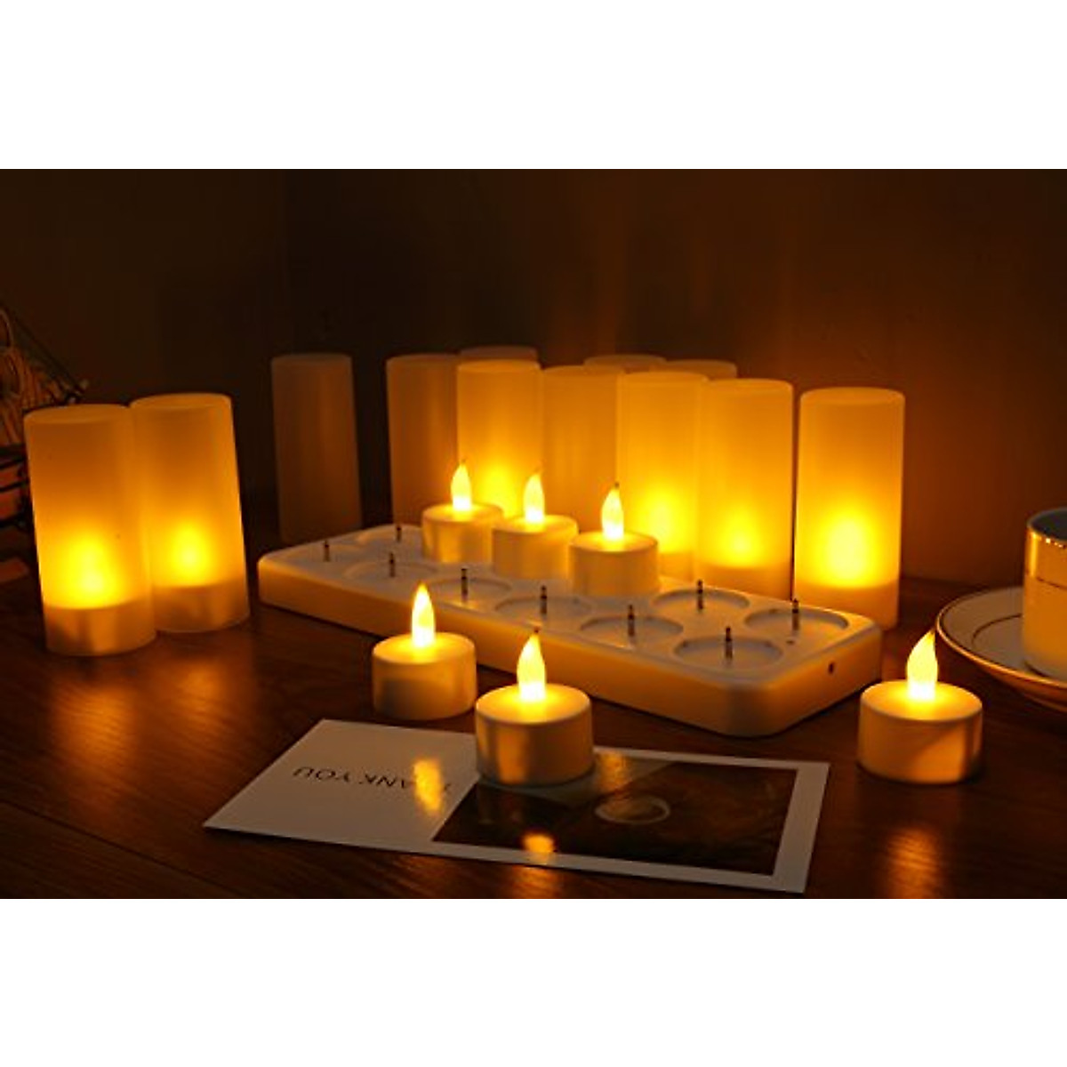 WoneNice Rechargeable Tea Lights Flickering Flameless Candles with Charging Base and AC Adapter, Romantic Deco for Home Parties, Restaurants, Weddings, Christmas