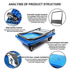 Platform Truck with 880lb Weight Capacity and 360 Degree Swivel Wheels, Dolly Cart Heavy Duty, Foldable Push Hand Cart with Large Size 35.8x24x34in for Loading and Storage (Blue, S)