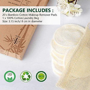 20 Packs Organic Reusable Makeup Remover Pads, Washable Bamboo Cotton Rounds for All Skin Types with Cotton Laundry Bag