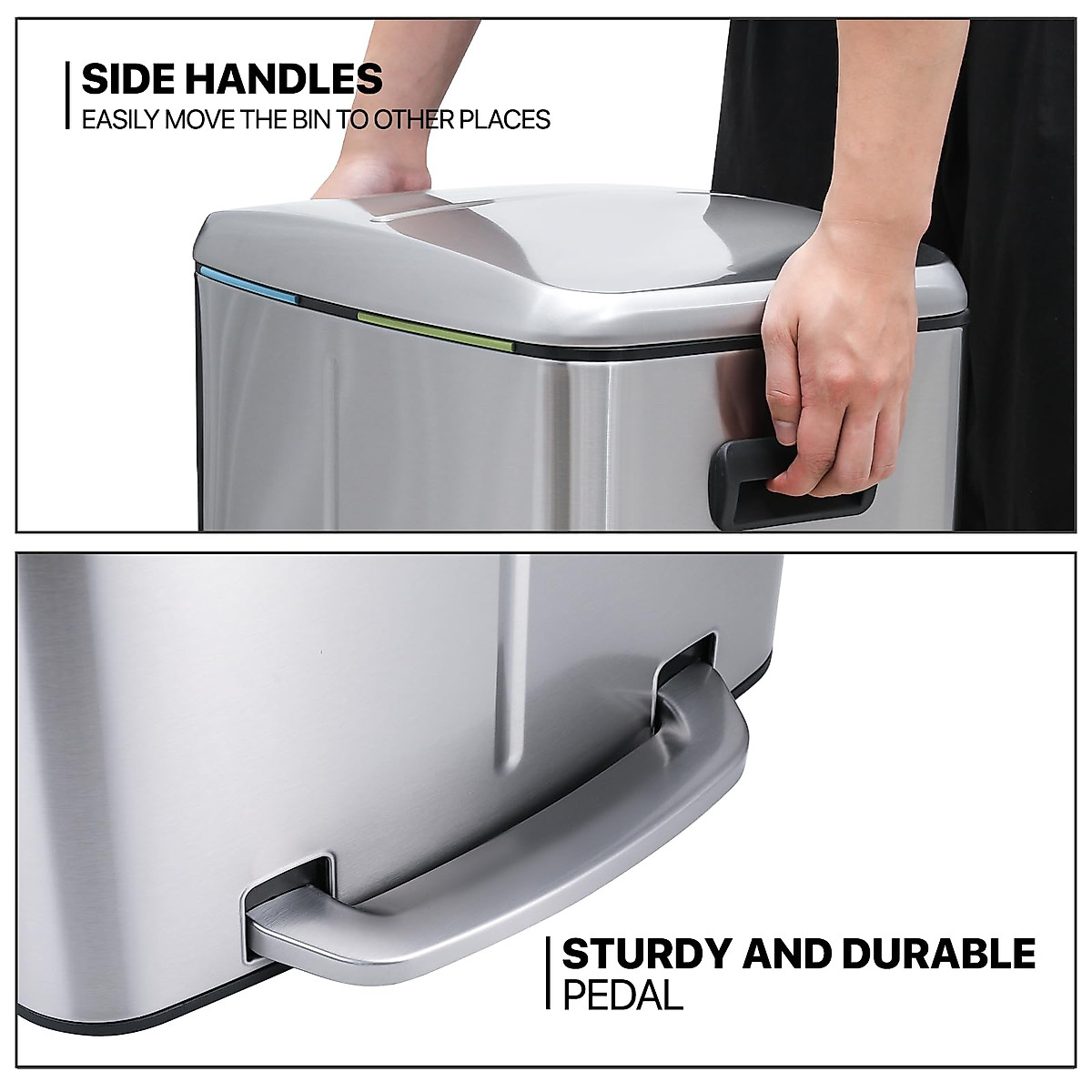 MoNiBloom 2-Compartment Step Trash Can with Soft-Close Lid for Kitchen Bathroom Bedroom Living Room Home Office Dorm Fingerprint-Proof Foot Pedal Garbage Bin Removable Bucket Stainless Steel 40-Liter