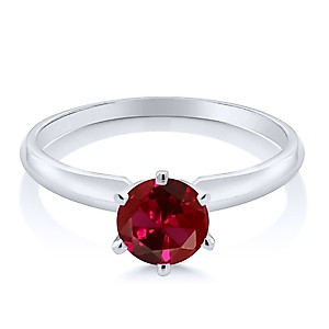 Gem Stone King 14K White Gold Red Created Ruby Women Engagement Solitaire 6-Prong Ring (1.00 Cttw, Gemstone Birthstone) (Size 7)