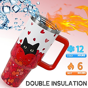 Nqhsionv Valentines Cat Tumbler with Handle 40 oz Cute Black Cat Love Hearts Coffee Travel Mug Stainless Steel Insulated Cup Valentines Anniversary Wedding Birthday Gifts for Women Cat Lover