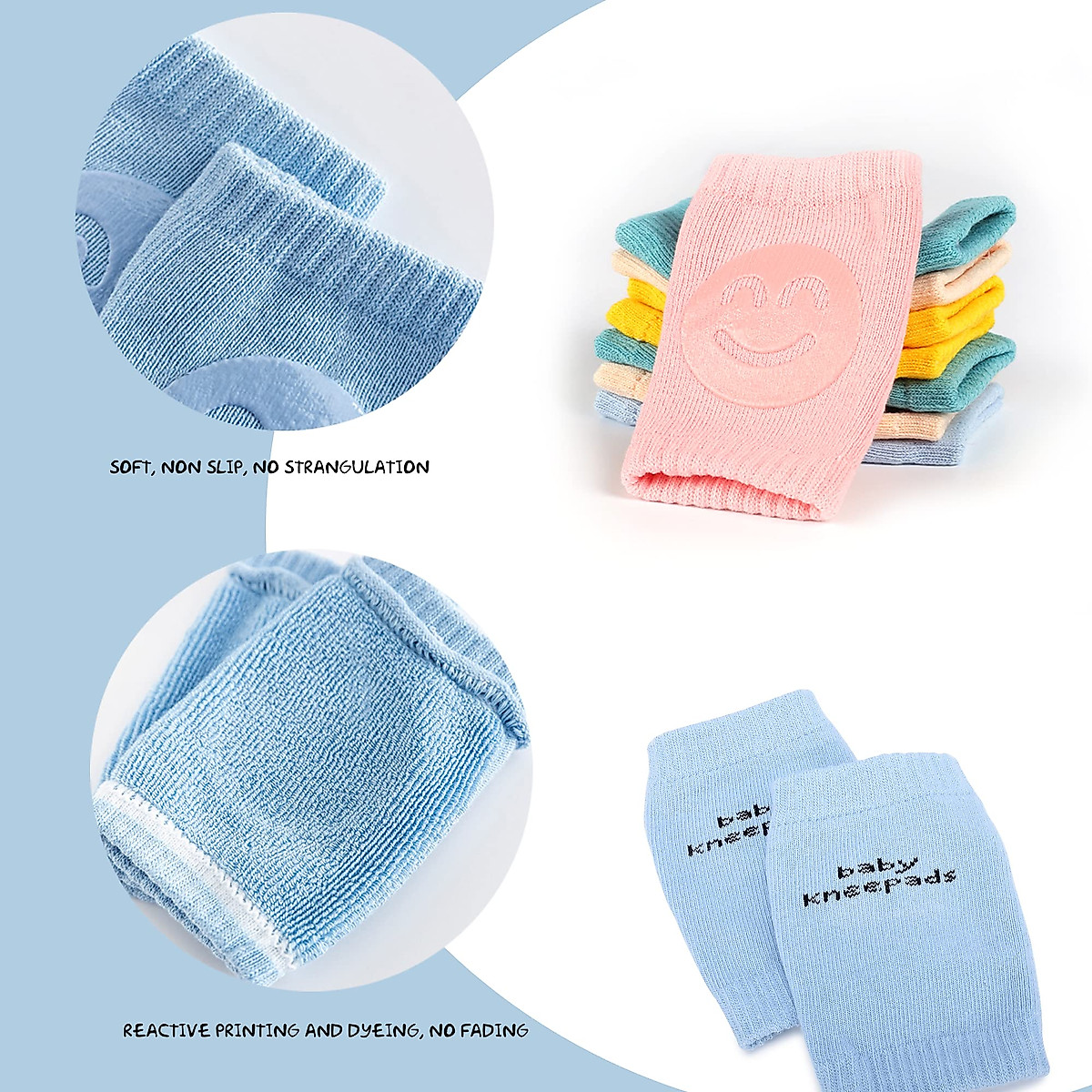 SooGree Baby Knee Pads (5 Pairs Smiley Style) For Crawling Toddler Leg Warms Non-slip Anti-Friction Elastic Cotton Socks For Crawling 6-24 Months Babies