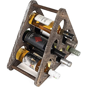 Rustic State Marche Countertop Wood Wine Rack Holder for 6 Bottle Storage Tabletop Triangle Design Freestanding Organizer - Home, Kitchen, Dining Room Bar Décor - Burnt Brown