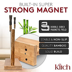 Kitch Magnetic Bamboo Knife Block 12", Double sided space saving freestanding storage holder for knives, handmade universal cutlery organizer stand with magnets