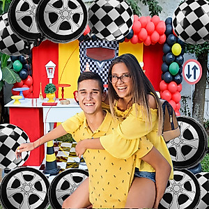 12 Pcs Tire Balloons Black and White Checkered Balloons, 18 Inch Race Car Balloons Wheel Foil Balloons for Baby Shower Gender Reveal Racing Theme Birthday Party Decoration Hot Wheels Party Supplies