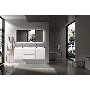 OMGO 60'' Wall Mounted Double Bathroom Vanity with White Solid Surface Sink, Modern Wood Cabinet Basin Vessel Set w/Two Drawers and 2 Storage, H90 Hanging System, Easy Installation