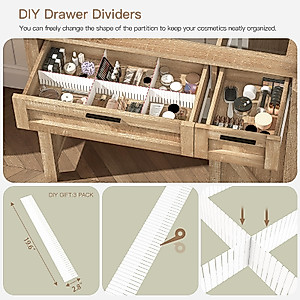 usikey Farmhouse Makeup Vanity Desk with Mirror and Lights, Glass Tabletop Makeup Vanity with Adjustable Shelves, Vanity Table Set with 2 Drawers and Side Cabinet for Bedroom, Maple