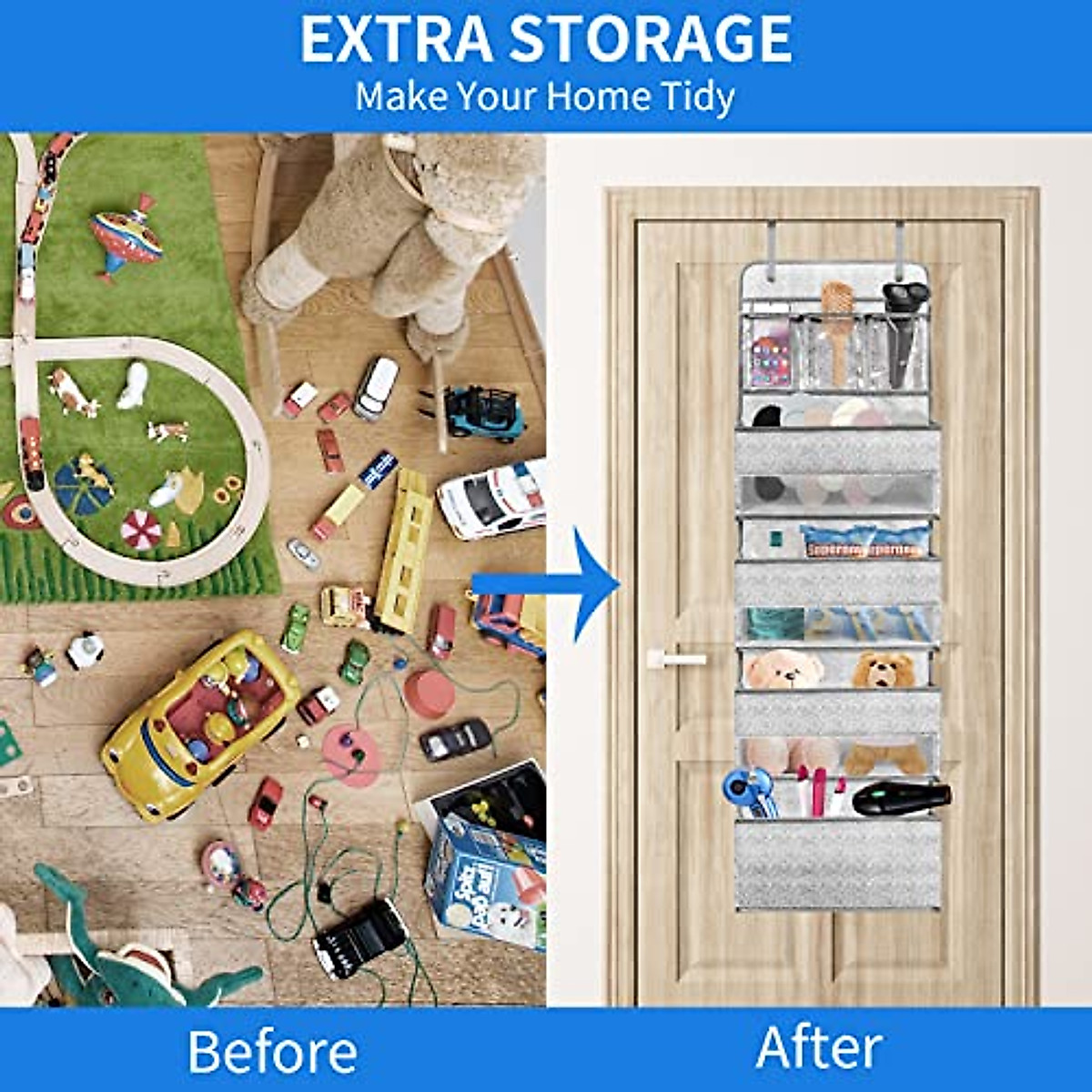 WTY Over The Door Organizer,5-Shelf Over Door Hanging Organizer with 4 Large Pocket,3 PVC Pockets and 2 Metal Hooks, Foldable Wall Mount Fabric Storage for Pantry Nursery Bathroom Closet 50x16x5 inch