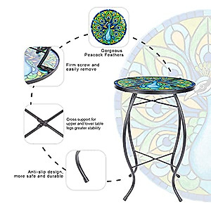 MUMTOP Outdoor Side Table - Small Mosaic Patio Table, Peacock 14” Round Accent End Coffee Table Glass Plant Stand for Garden Patio Living Room(Green)