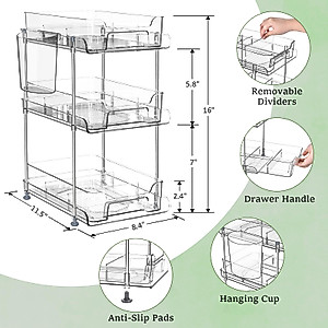 REALINN 3 Tier Clear Organizer with Dividers for Counter/Cabinet, Pull-Out Storage Container - Bathroom, Vanity Makeup, Kitchen, Pantry Organizer