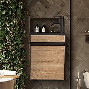 UEV Small Bathroom Vanity Wall Mounted, Black and White Mixed Small Bathroom Vanity, with Ceramic Sink, Bathroom Vanity and Sink Set with Frosted Black Faucet P-Trap (Black and Natural)