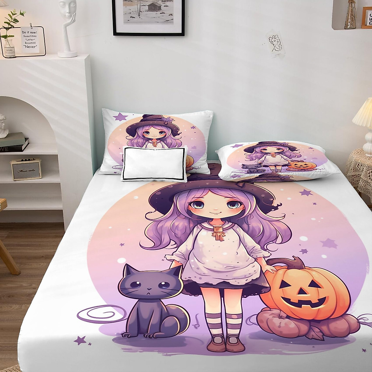 Halloween Sheets Full Size, Witch Pumpkin Bed Sheets, Patterned Bedding Sheets & Pillowcases 4 Piece Set - Soft Microfiber Deep Pocket Fitted Sheet & Flat Sheet & 2 Pillow Cases Z8-&-40