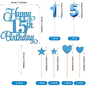 Lecferrarc 15th Birthday Cake Decorations, 15th Birthday Candles Cake Numeral Candles and Glitter Happy 15th Birthday Cake Toppers Set for Birthday Party Supplies (Blue)