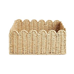 Scalloped Edge Basket, Wicker Storage Baskets,Hand Woven Rattan Basket for Shelves,Natural Water Hyacinth Storage Baskets for Organizing (small)