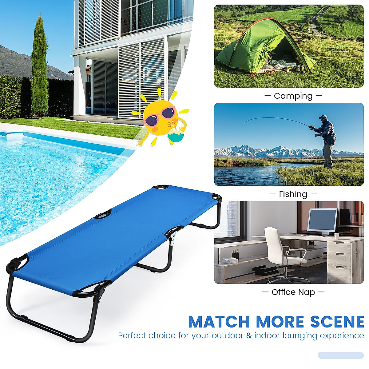 Goplus Folding Camping Cot, Heavy Duty Collapsible Foldable Camping Bed for Adults Kids with Non-Slip Foot Pad, Indoor Outdoor Portable Sleeping Cot for Hiking, Camping, Fishing (Blue)