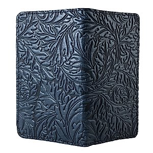 Oberon Design Acanthus Leaf Embossed Genuine Leather Checkbook Cover, 3.5x6.5 Inches, Navy Blue, Made in the USA