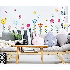 IKEYU Garden Flower Wall Decals Colorful Flower Wall Stickers Spring Garden Wall Stickers Flower Butterfly Wall Stickers for Bedroom Girls Room Kids Nursery