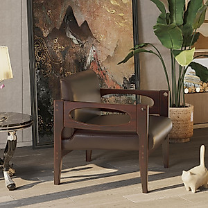 PU Leather Accent Chair, Mid-Century Modern Armchair with Solid Wood Legs, Reading Leisure Chair with High Back for Living Room Bedroom Waiting Room(Espresso)